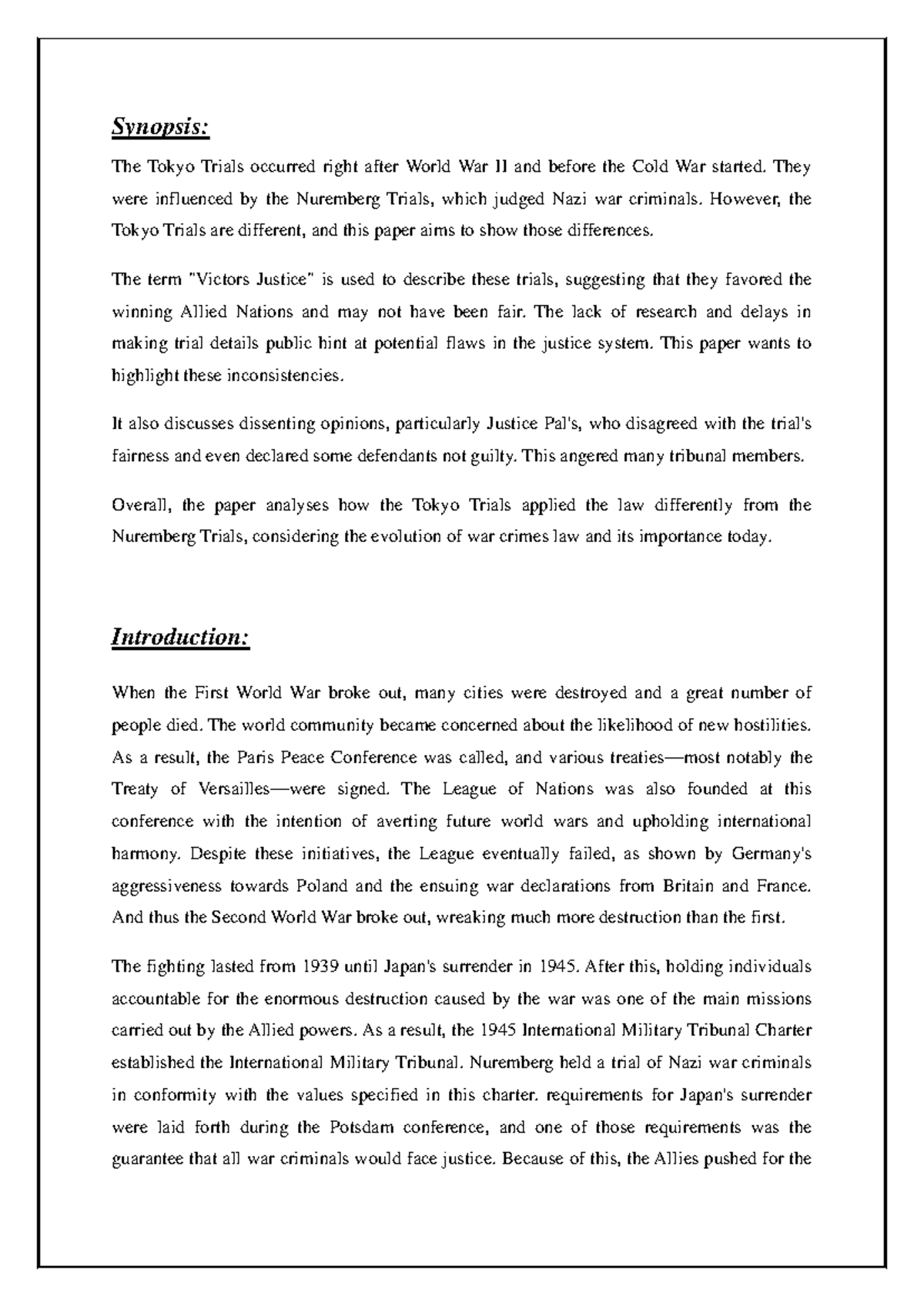 Pil case comment - Synopsis: The Tokyo Trials occurred right after ...