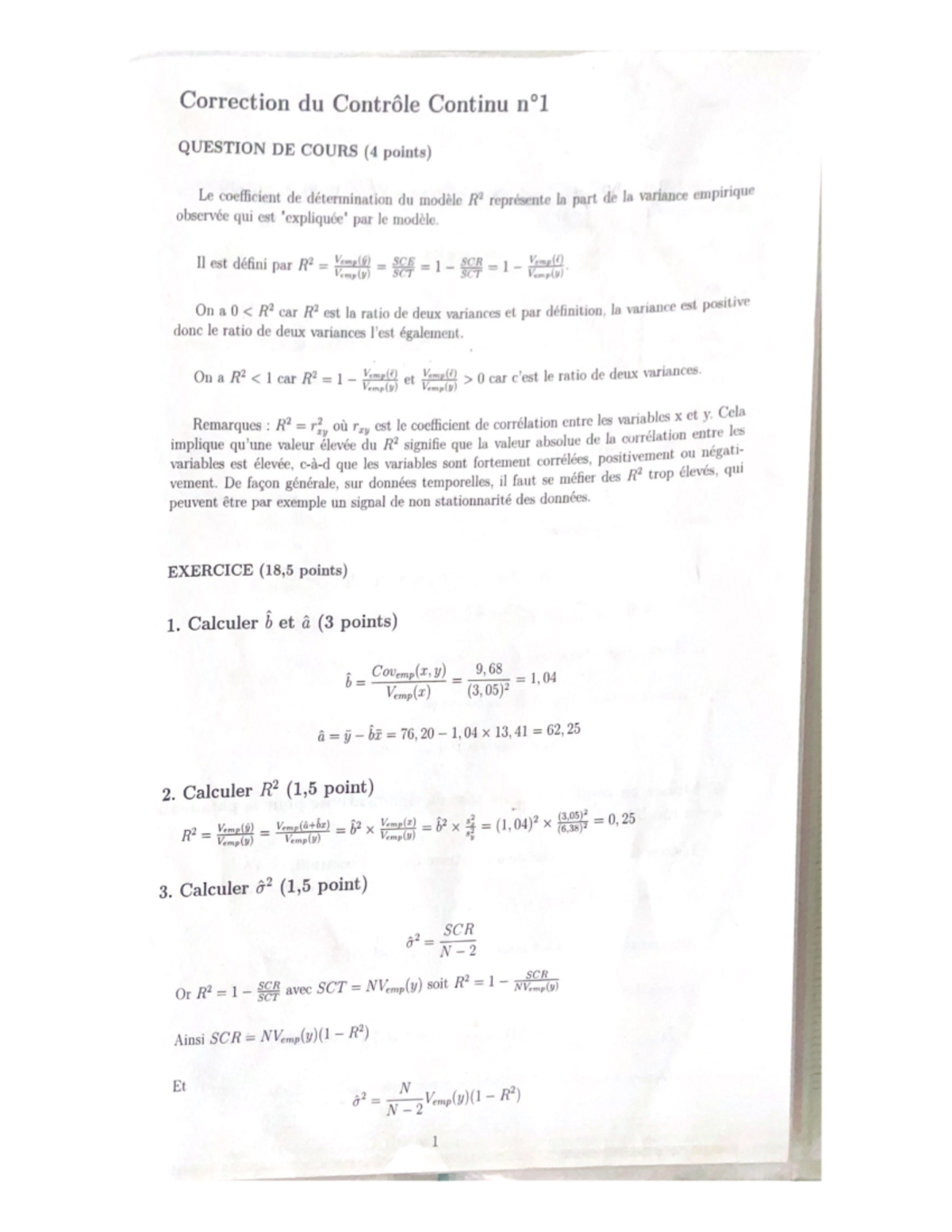 Correction du Contrôle Continu n°1 econométrie - Introduction à l' économétrie - Studocu