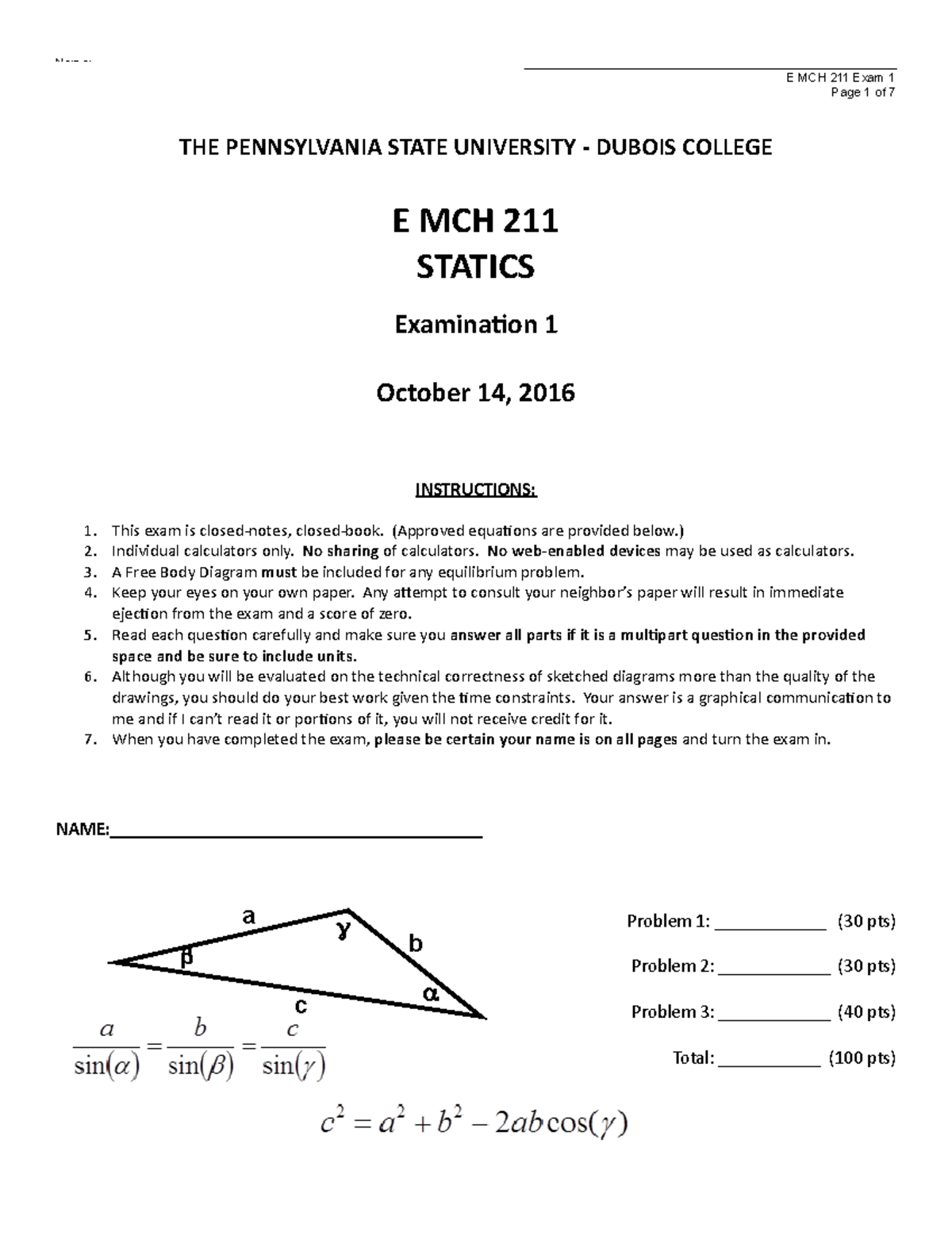 EMCH211 Exam1 2016 - practice exam - E MCH 211 Exam 1 Page 1 of 7 THE ...