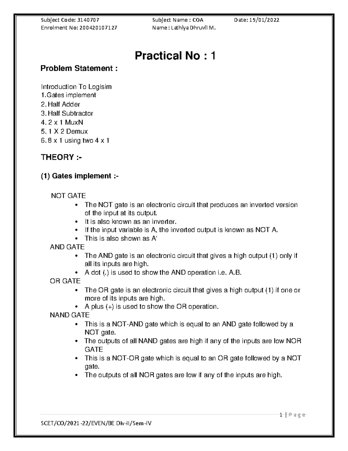 Introduction of logism - Enrolment No: 200420107127 Name : Lathiya ...
