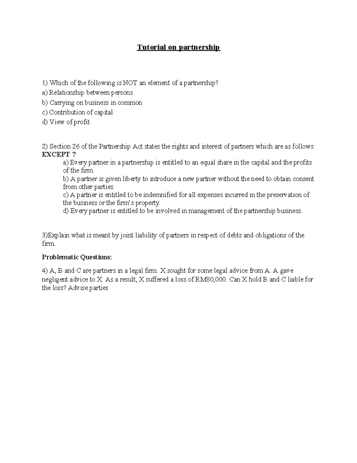 Tutorial on partnership 3 - Tutorial on partnership Which of the ...