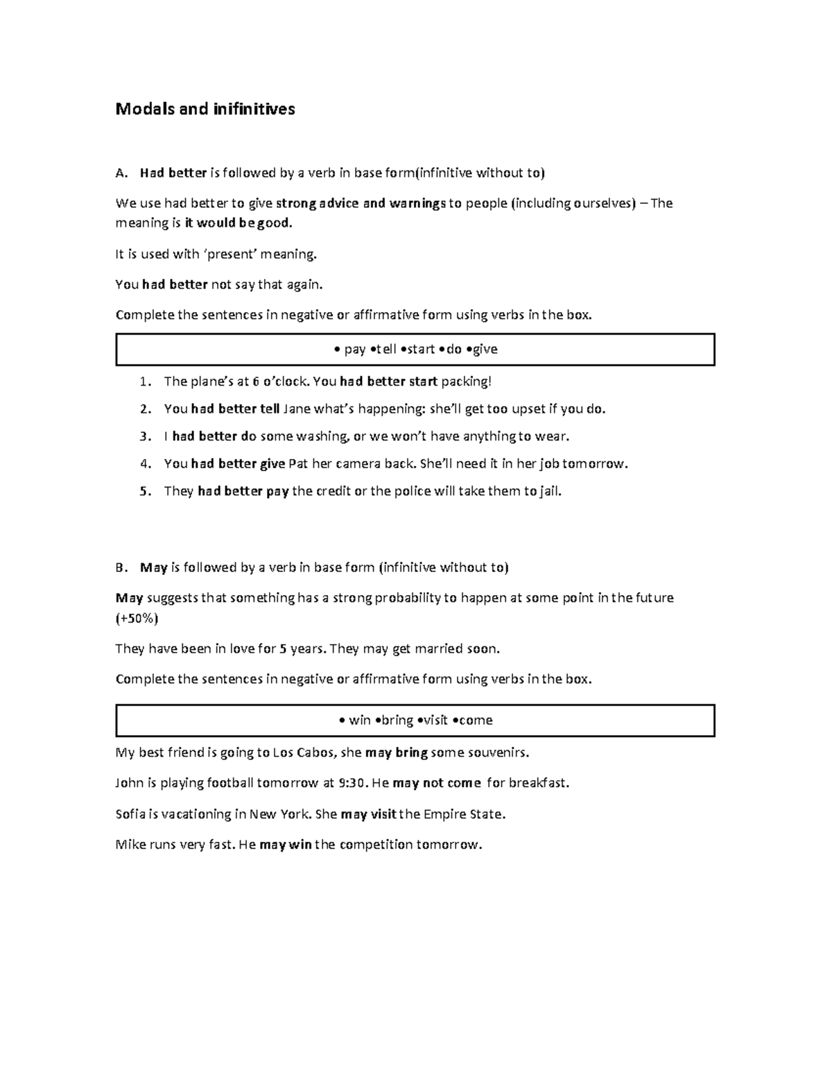 Modals - infinitives - Explicación y muestra de ejercicios de verbos ...
