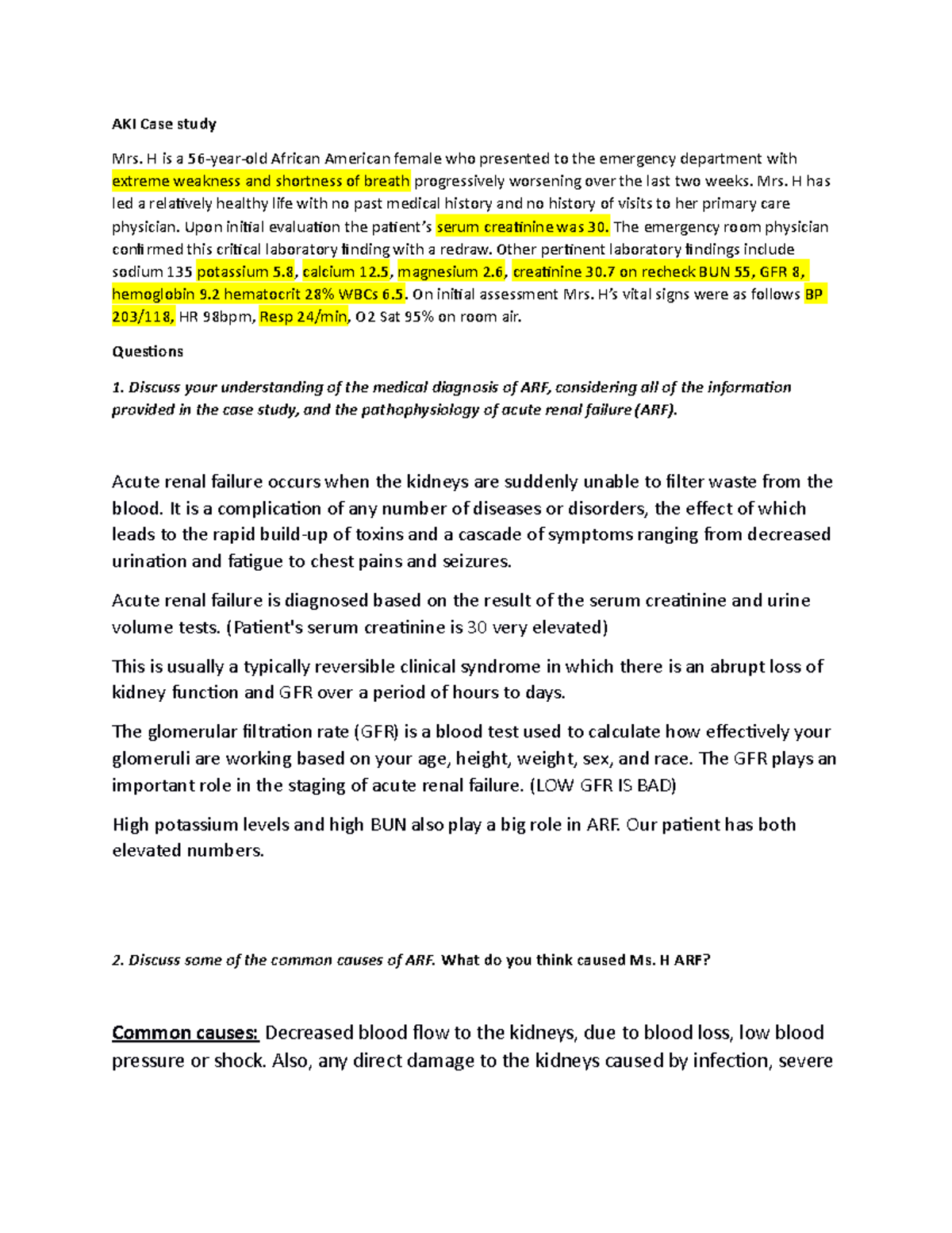 AKI Case study - AKI Case study Mrs. H is a 56-year-old African American female who presented to ...