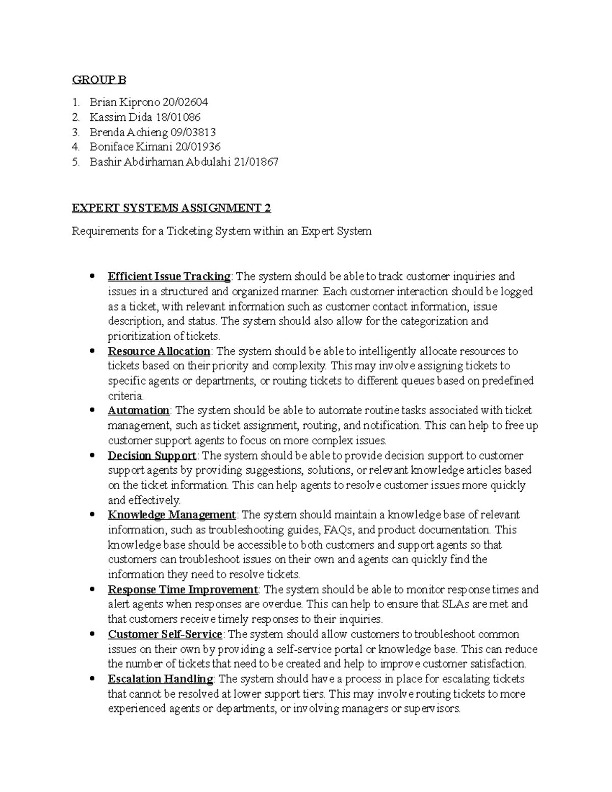 Expert Systems Assignment 2 Group B - GROUP B Brian Kiprono 20/ Kassim Dida 18/ Brenda Achieng ...
