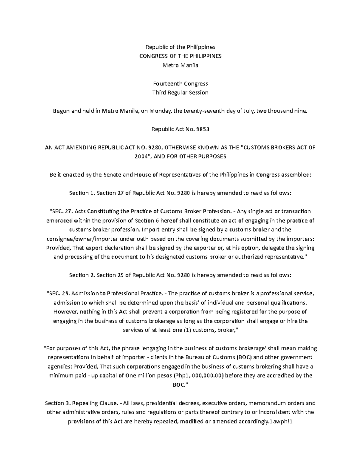 R.A. 9853 - customs - Republic of the Philippines CONGRESS OF THE ...