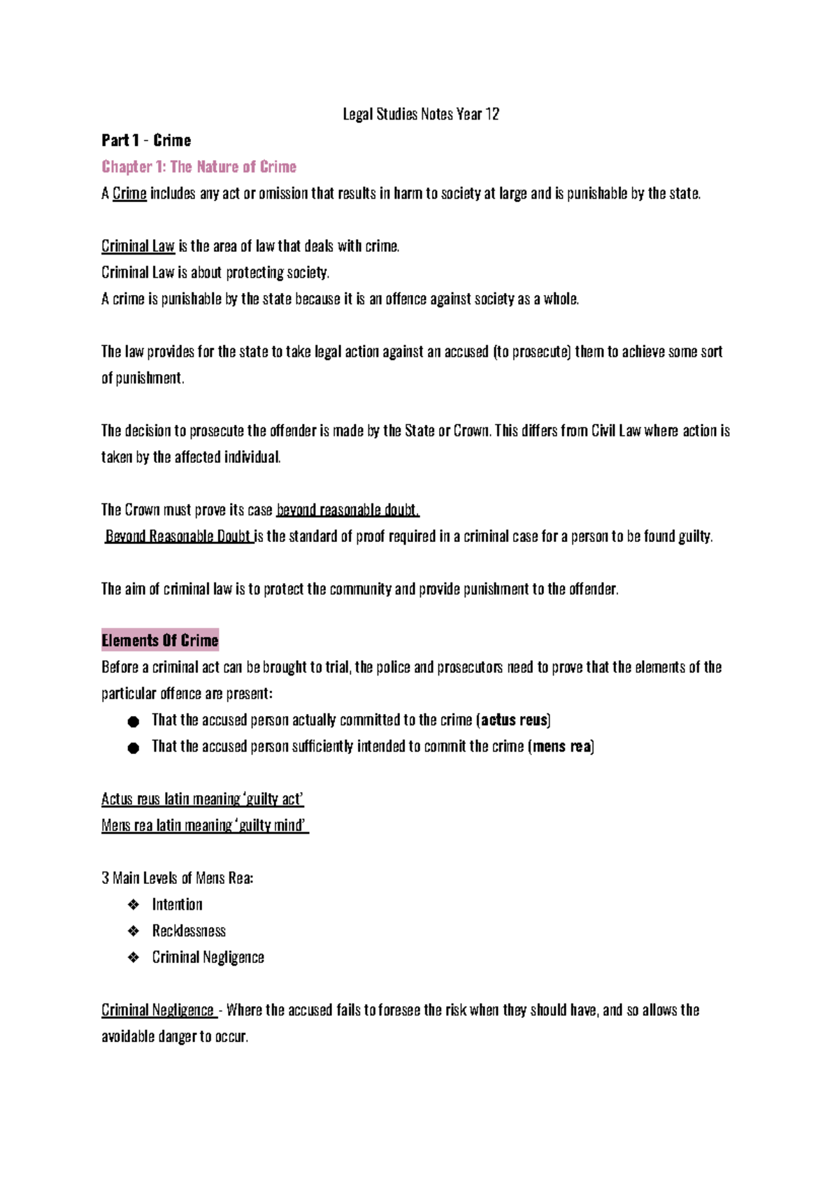 Legal Studies Notes Year 12 - Criminal Law is the area of law that ...