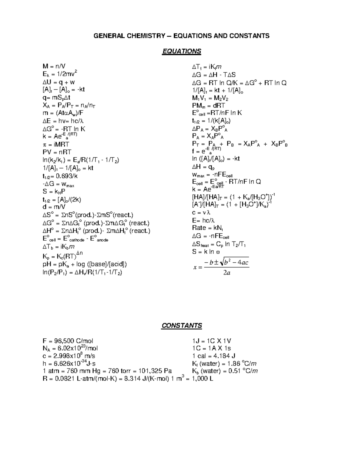 Equation Sheet for Exams - GENERAL CHEMISTRY - EQUATIONS AND CONSTANTS ...