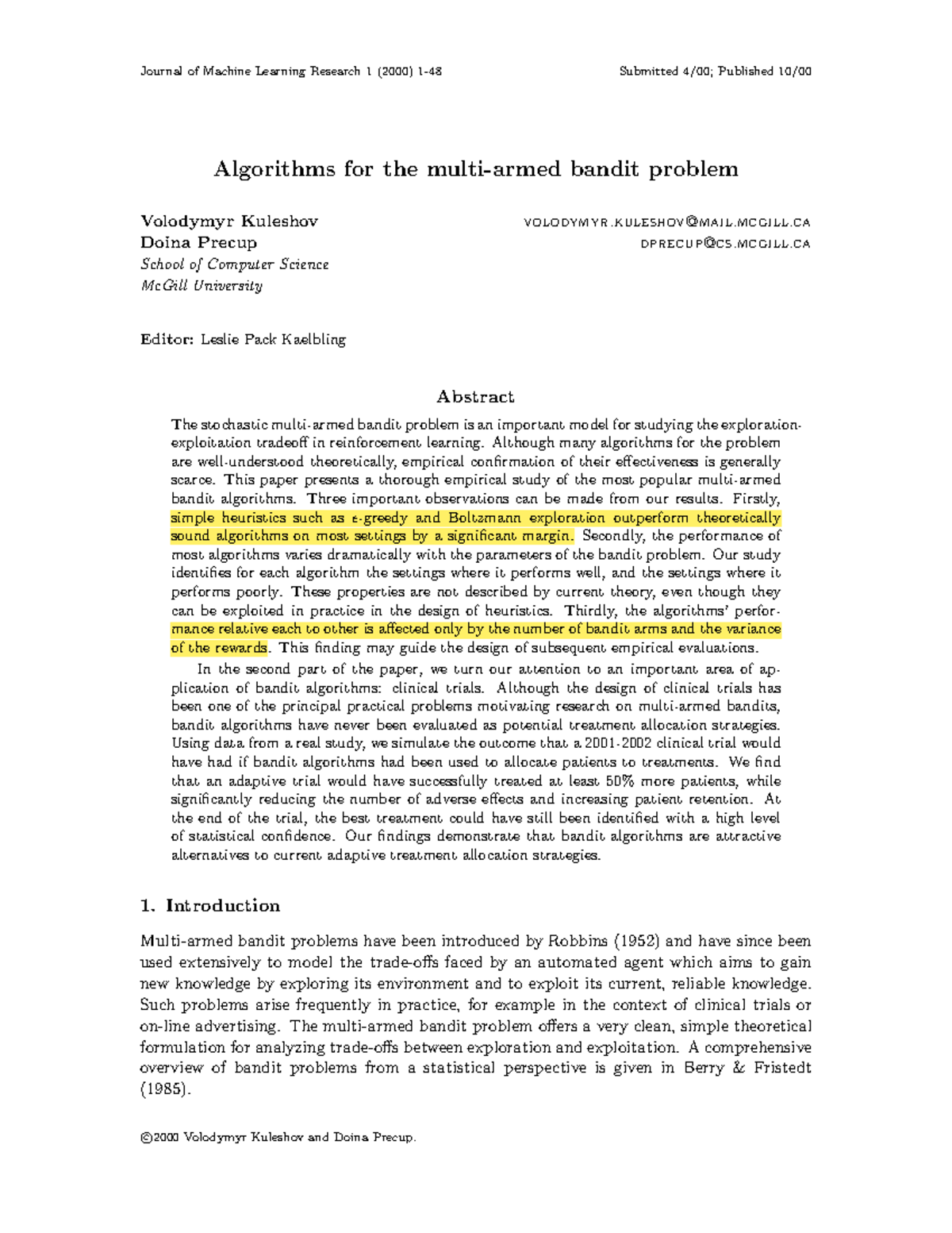 Algorithms for MAB - MAB algos - Journal of Machine Learning Research 1 ...