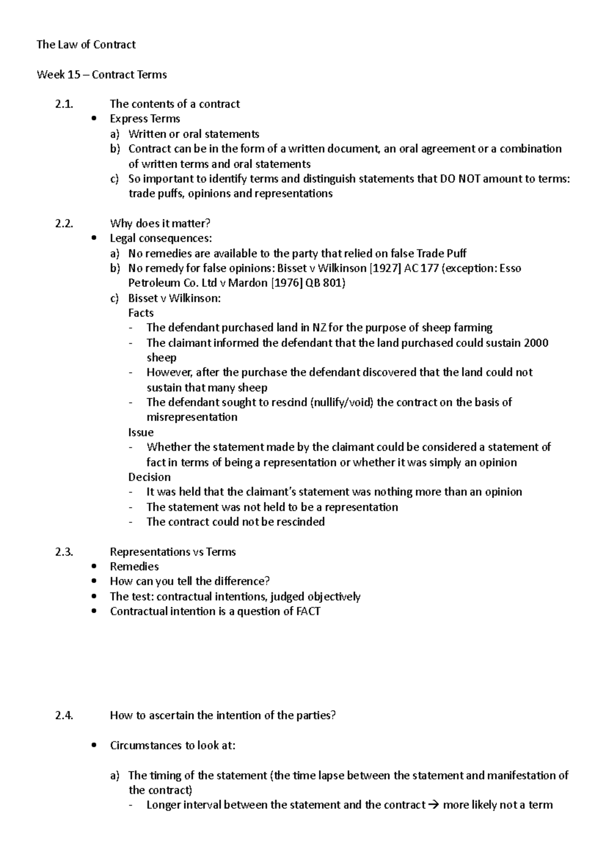 Law of Contract Notes - The Law of Contract Week 15 – Contract Terms ...