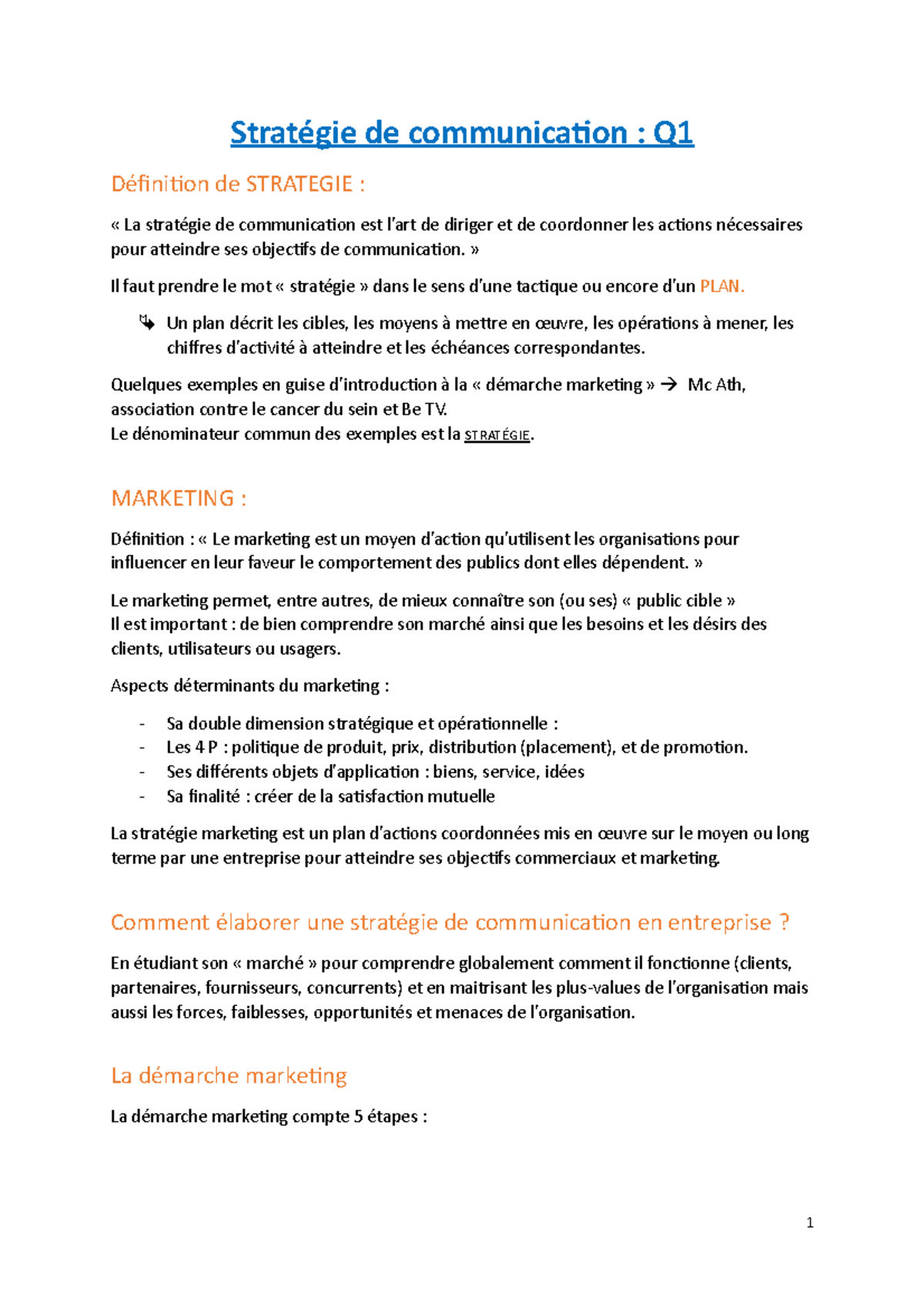 Synthèse strat de com Q1 BAC2 - Stratégie de communication : Q ...