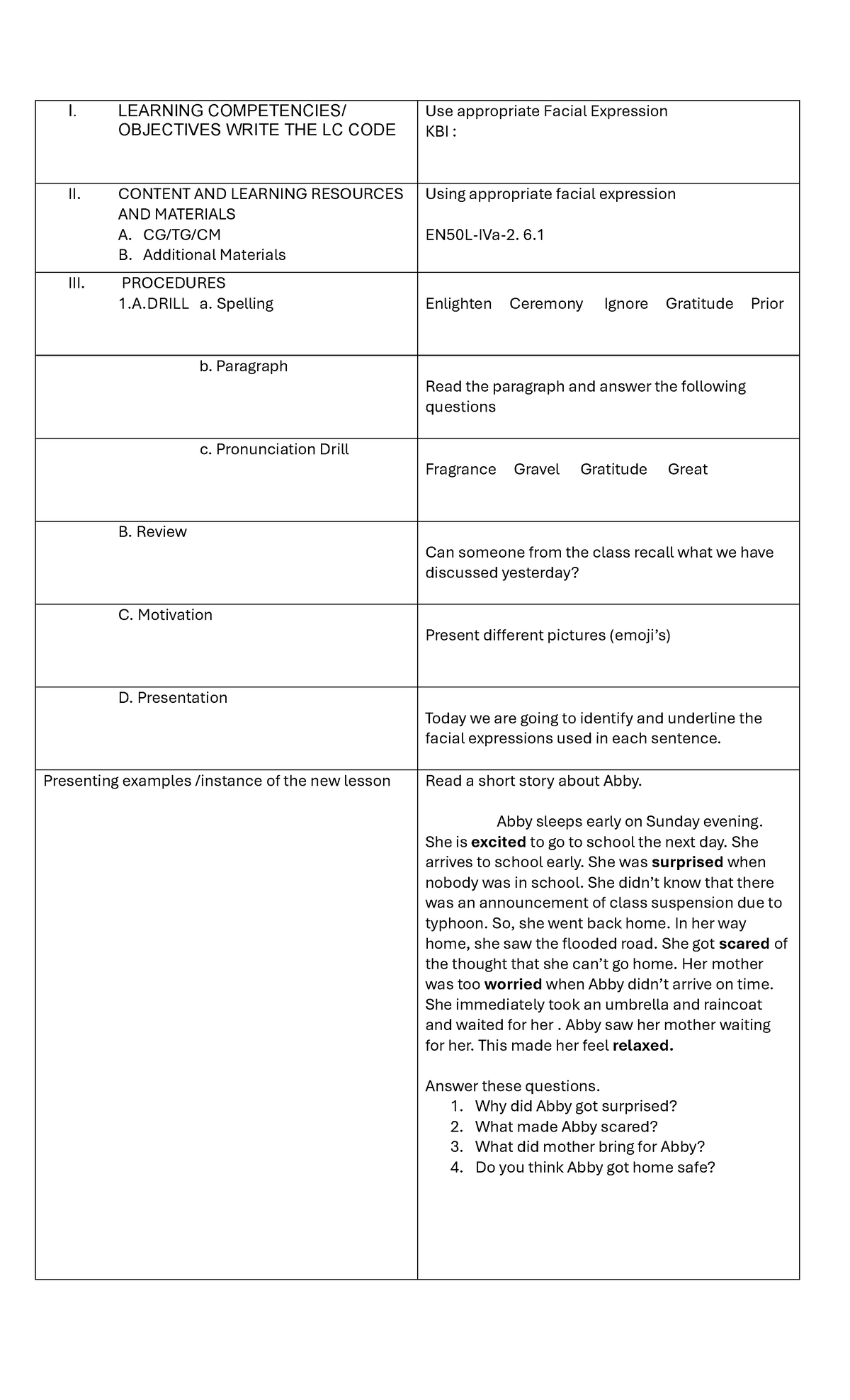 Lp in English Use appropriate facial expression - I. LEARNING ...