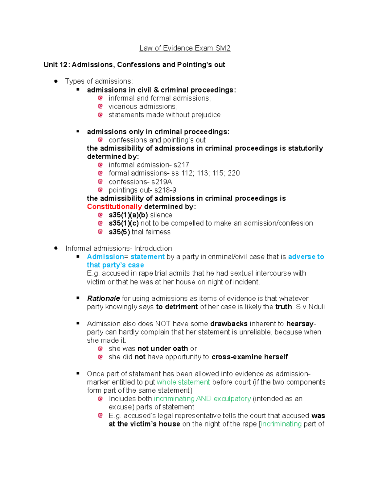 Law of Evidence Exam SM2 - Law of Evidence Exam SM Unit 12: Admissions ...