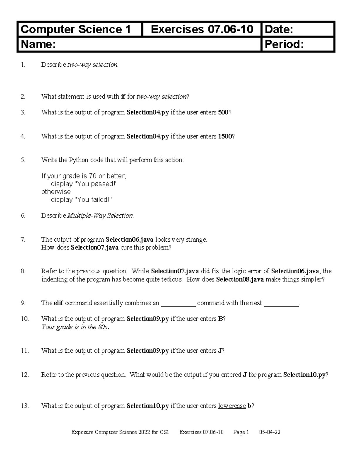 Exercises 07 - dedef is the des - Exposure Computer Science 2022 for ...