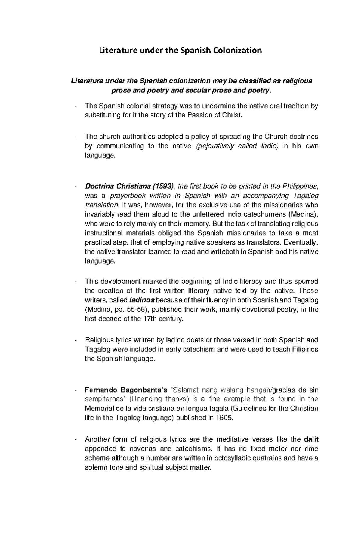 Survey of the Philippine Literature The Literature under the Spanish ...