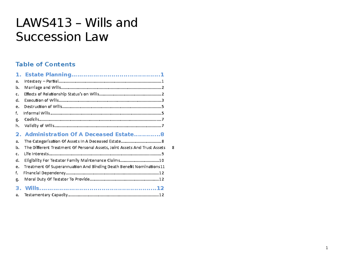 LAWS413 Wills and Succession Law Table of Contents - Studocu