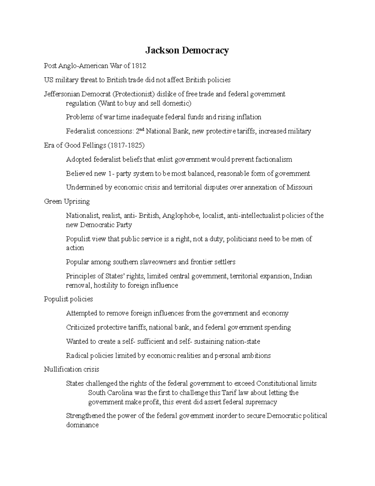 Jackson Democracy Notes - Jackson Democracy Post Anglo-American War of ...