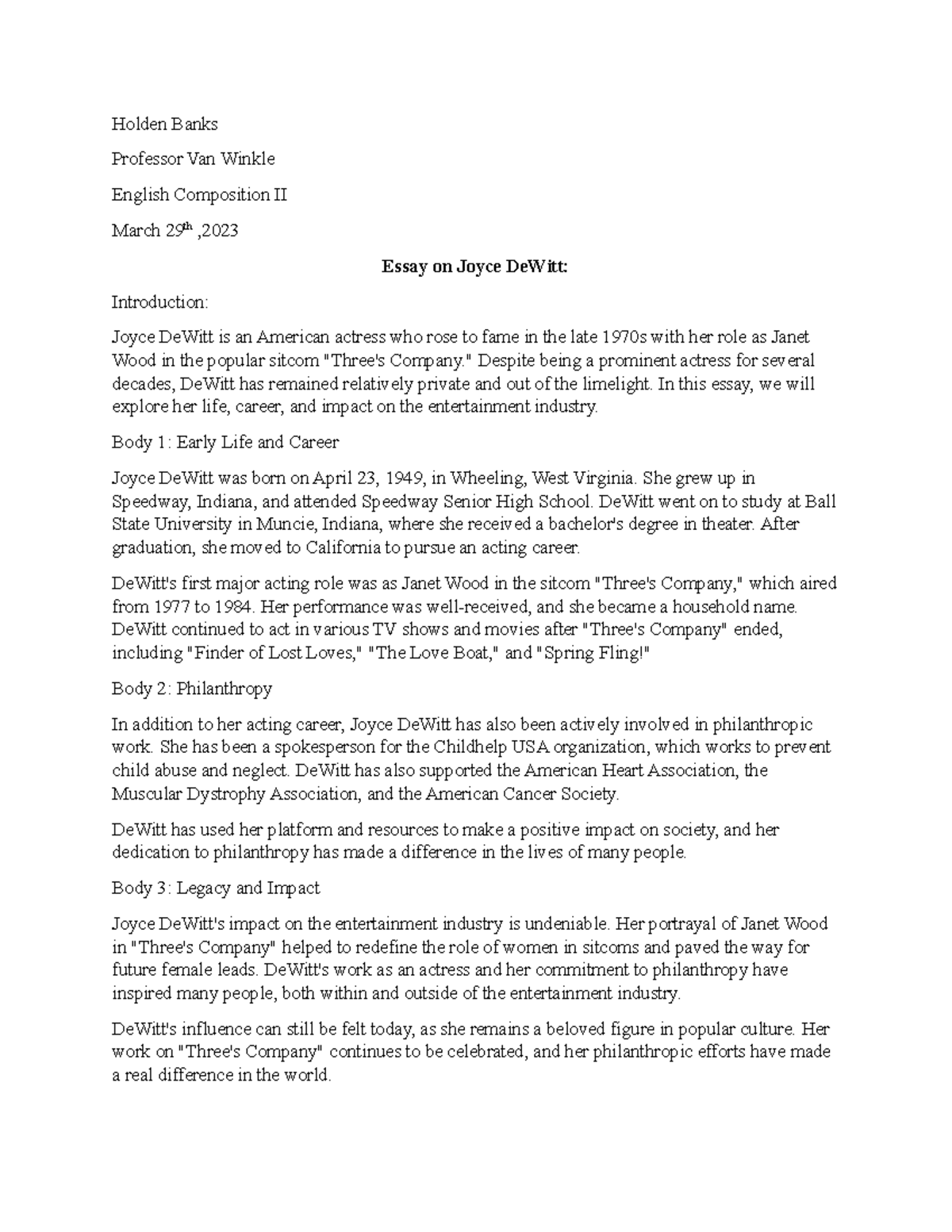 Essay on Joyce DeWitt - Holden Banks Professor Van Winkle English ...