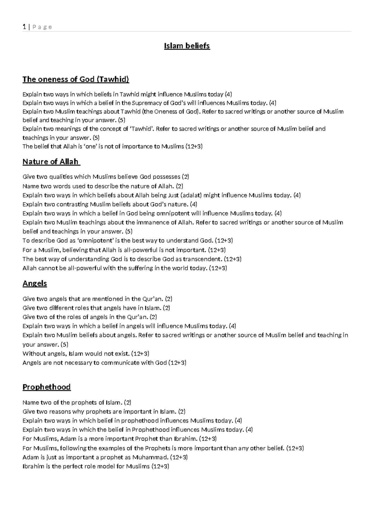 Islam beliefs exam questions - 1 | P a g e Islam beliefs The oneness of ...