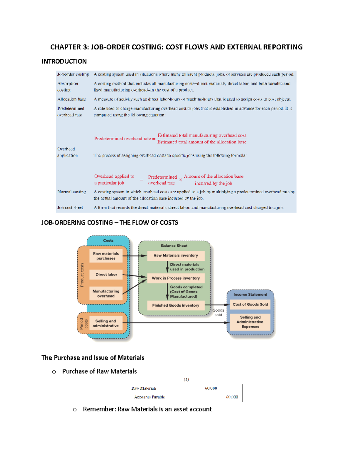 Chapter 3 Notes - textbook - CHAPTER 3: JOB-ORDER COSTING: COST FLOWS ...