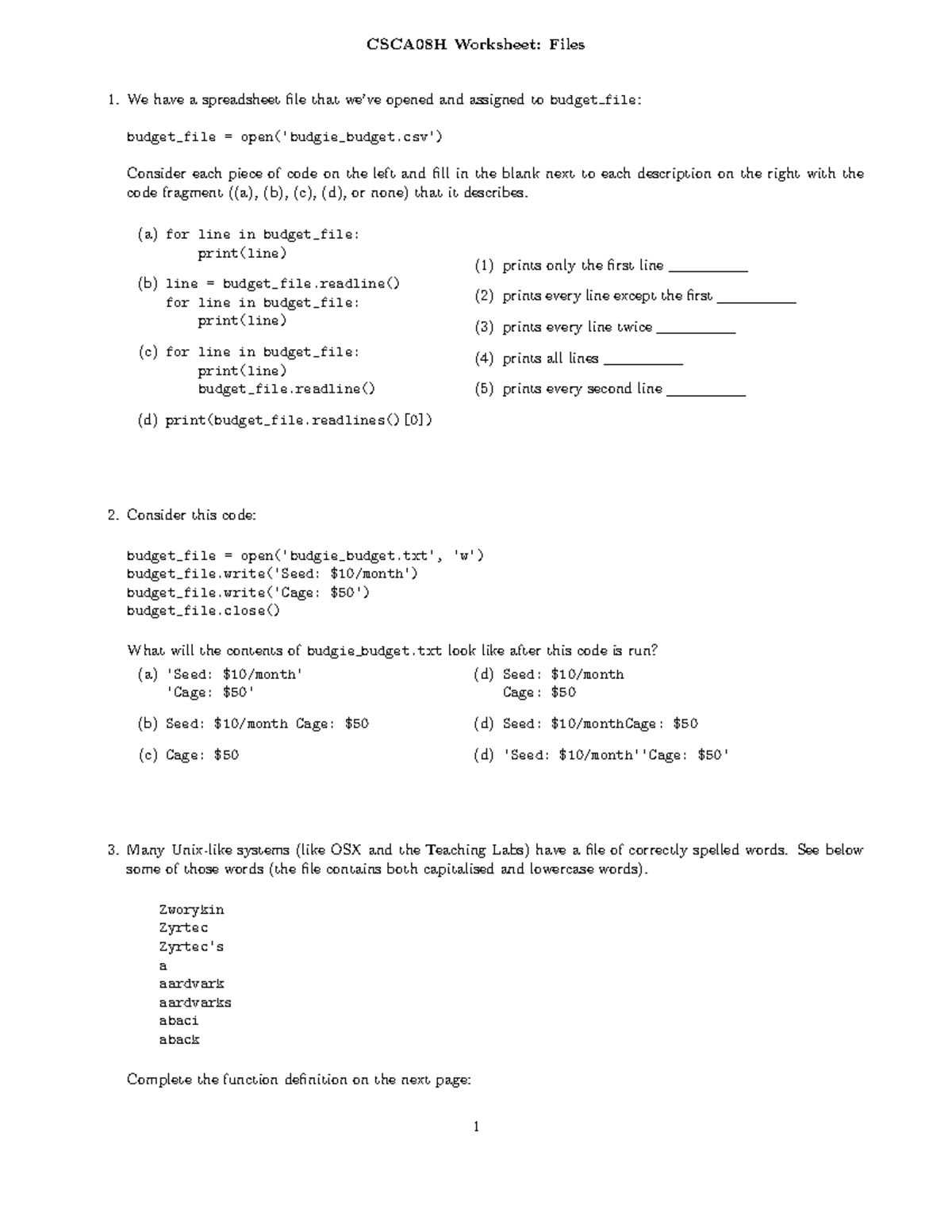Files worksheet - CSCA08H Worksheet: Files We have a spreadsheet file ...