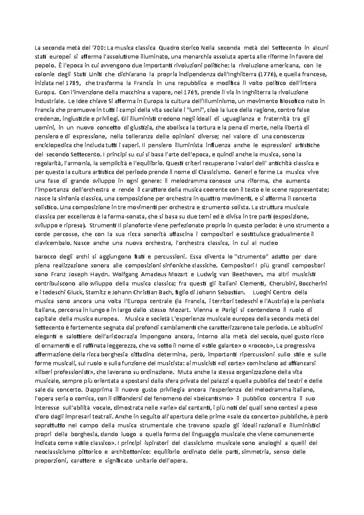 La seconda metà del 700 in musica - La seconda metà del ‘700: La musica ...