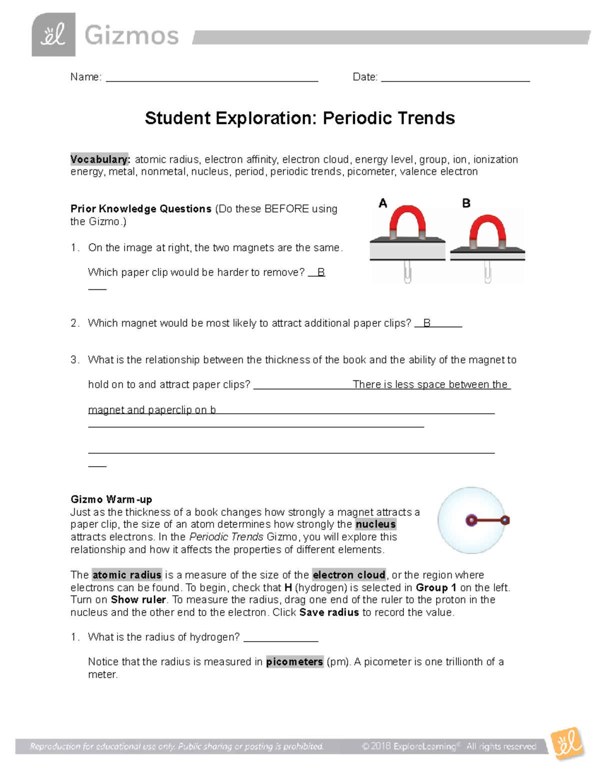 Lab2.4Periodictrends - Name: Date: Student Exploration: Periodic Trends ...
