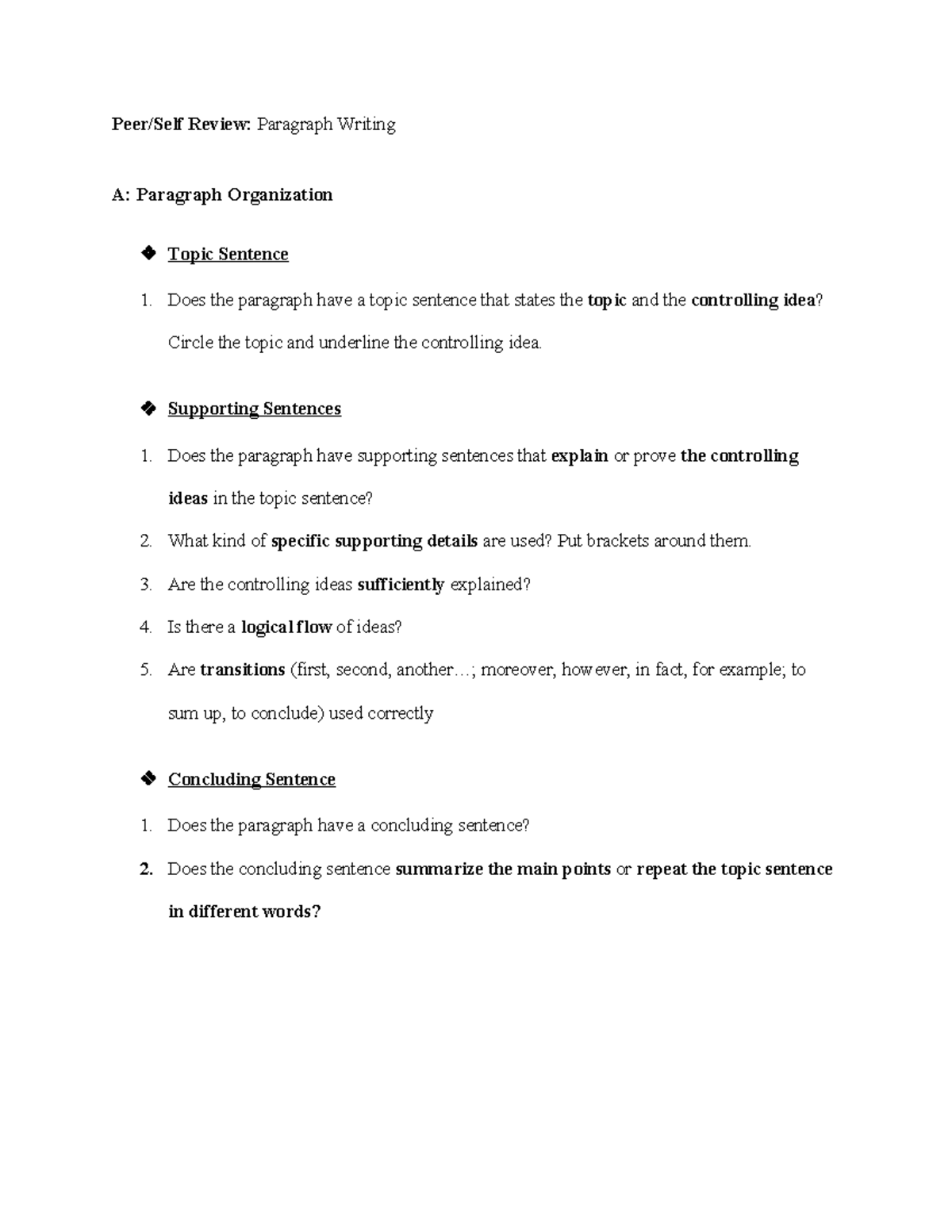 Peer-Self Review Paragraph - Does the paragraph have a topic sentence ...