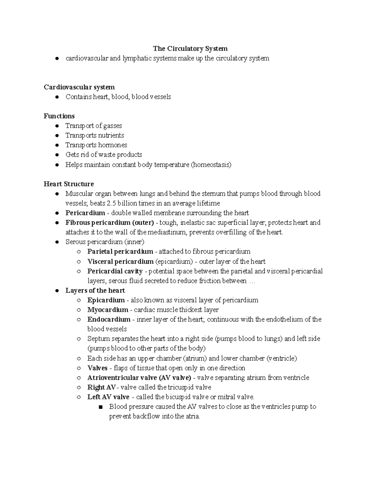 The Circulatory System Notes - The Circulatory System cardiovascular ...