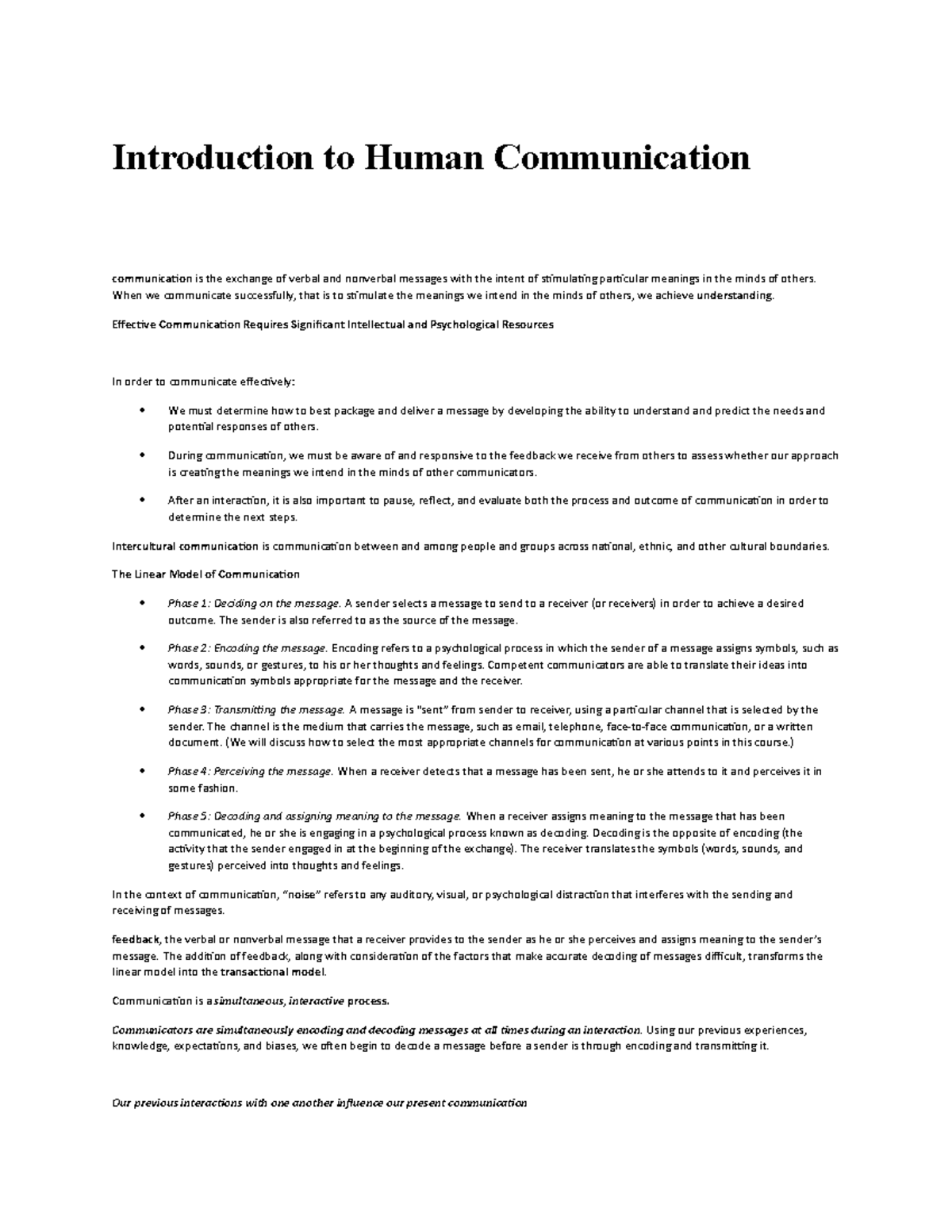 Intro to comm - notes - Introduction to Human Communication ...