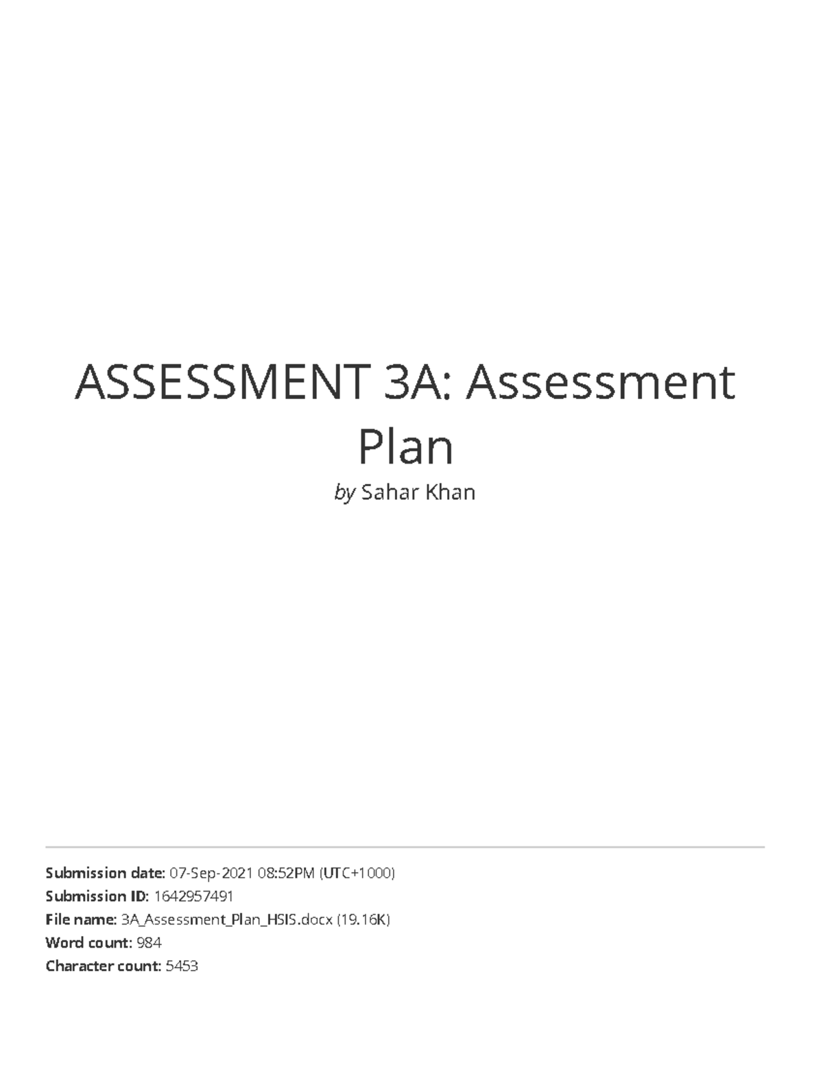 Assessment 3A Assessment Plan - ASSESSMENT 3A: Assessment Plan by Sahar ...