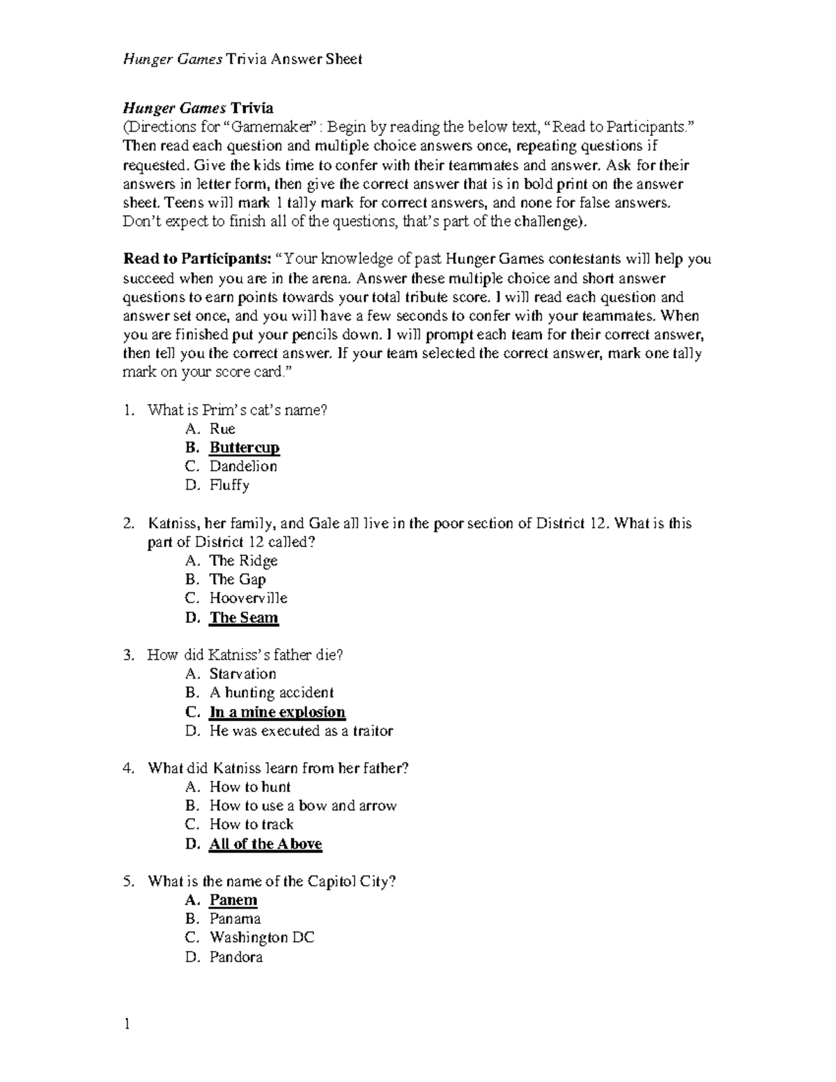 Hunger-games-trivias - Hunger Games Trivia (Directions for “Gamemaker ...