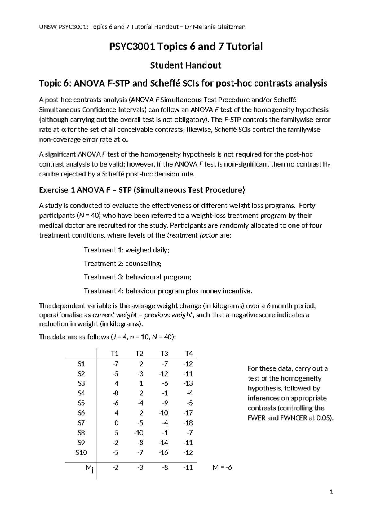 PSYC3001 Topics 6 and 7 Tutorial Handout 2024 - PSYC3001 Topics 6 and 7 Tutorial Student Handout ...