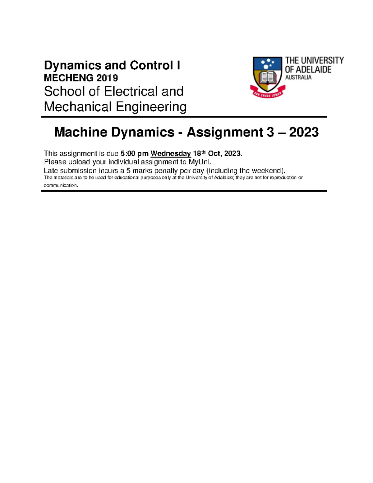 Machine Dynamics 2023 Assignment 3 - Dynamics and Control I MECHENG ...