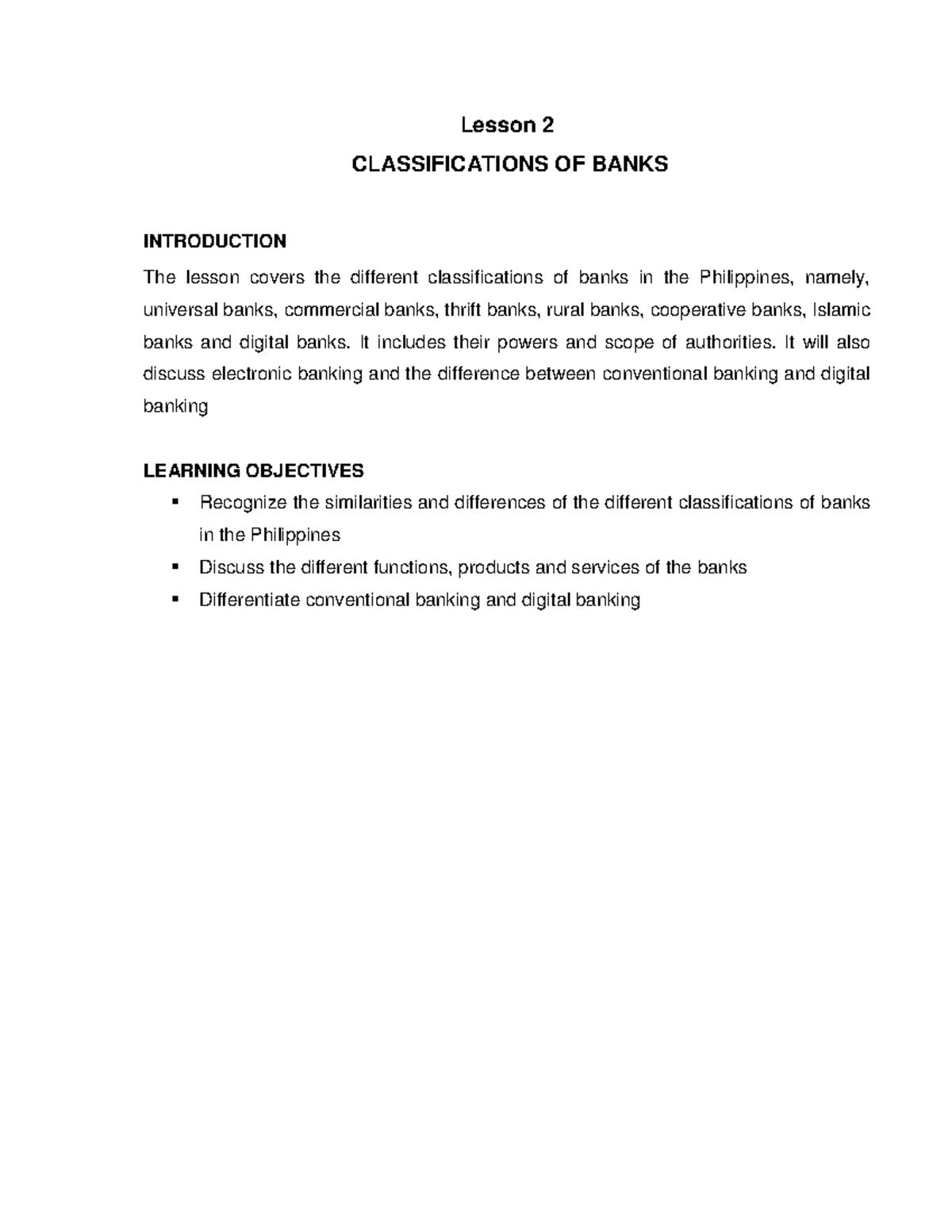 L2 Classifications of Banks - Lesson 2 CLASSIFICATIONS OF BANKS ...