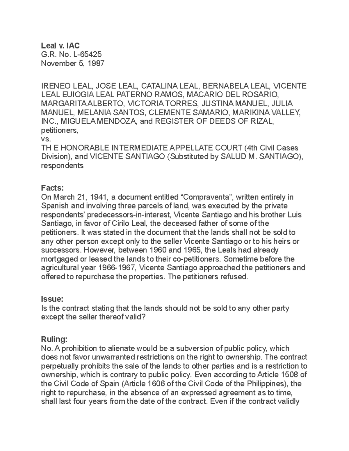 CASE Autonomy OF Contract - Leal v. IAC G. No. L- November 5, 1987 ...