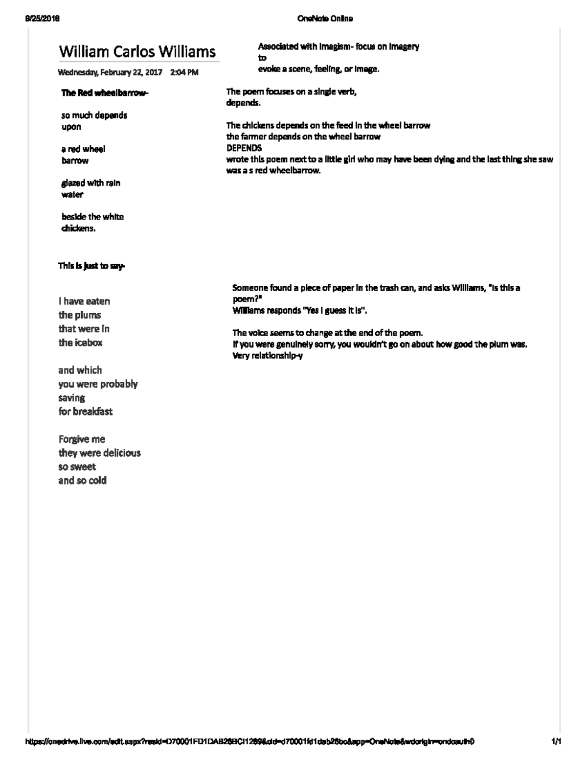 William Carlos Williams - 9/25/2018 OneNote Online Associated with ...