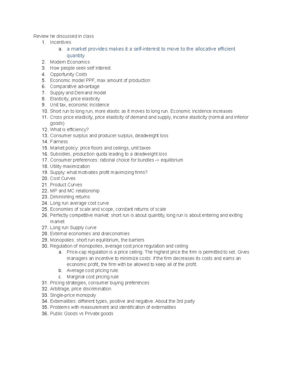 Final Econ Exam - Exam preparation - Review he discussed in class 1 ...
