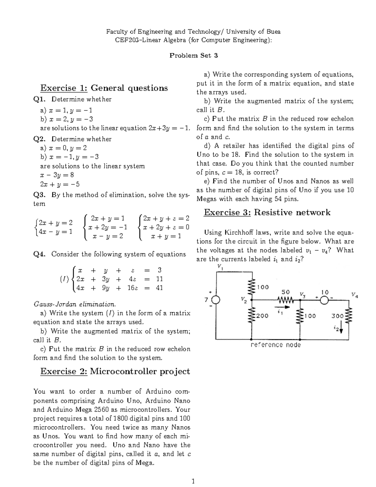 Linear Alg Problem Set 3 - Faculty of Engineering and Technology ...