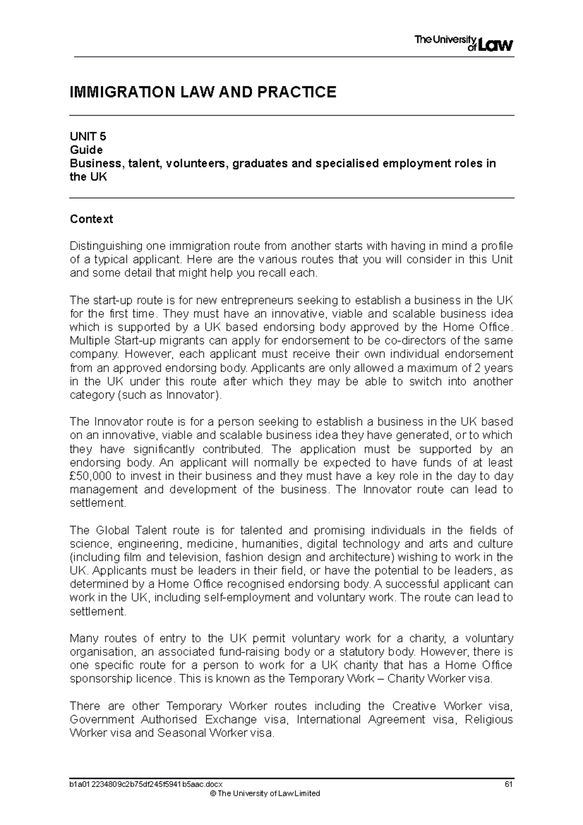 Workshop guide - IMMIGRATION LAW AND PRACTICE UNIT 5 Guide Business ...