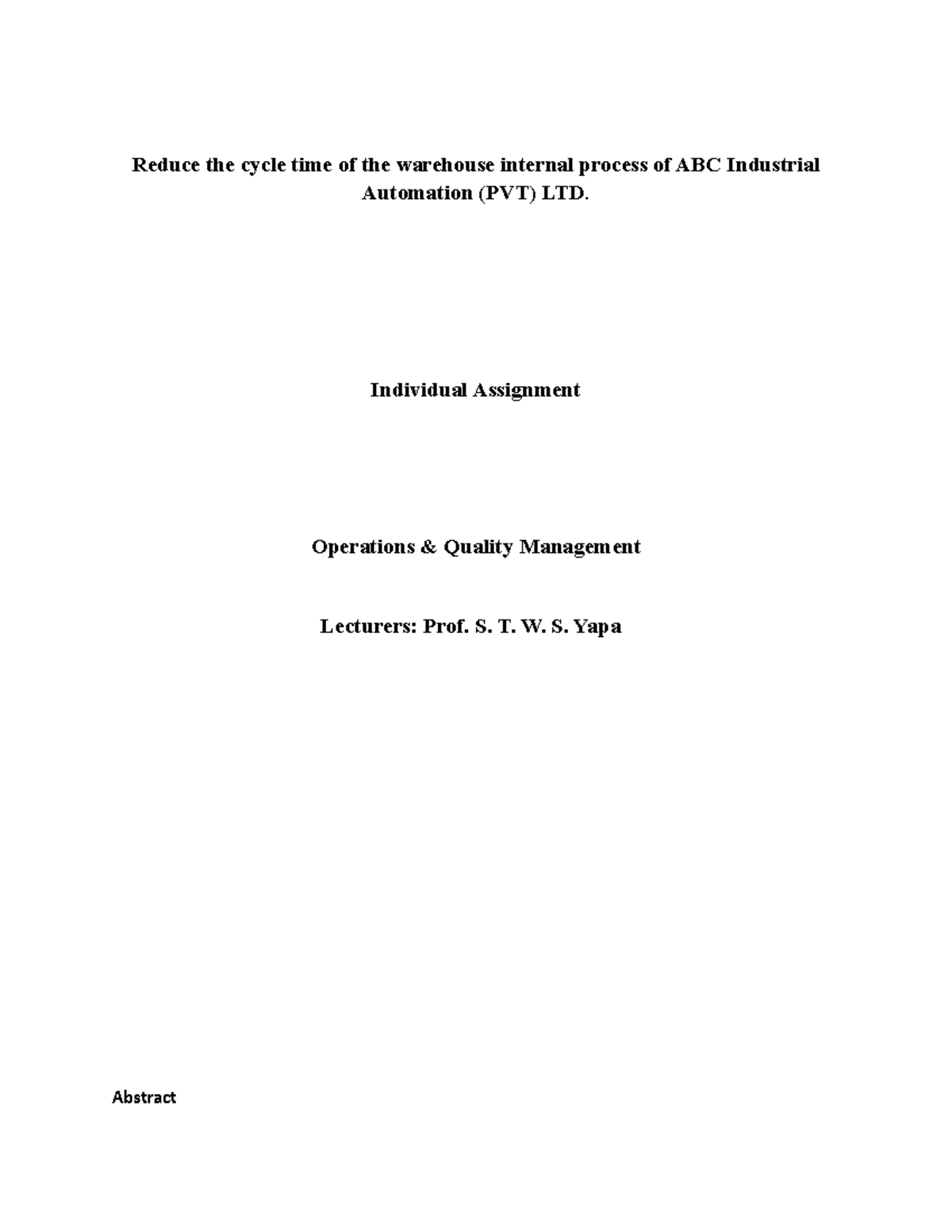 OP assignment - Cycle time of a company - Reduce the cycle time of the ...