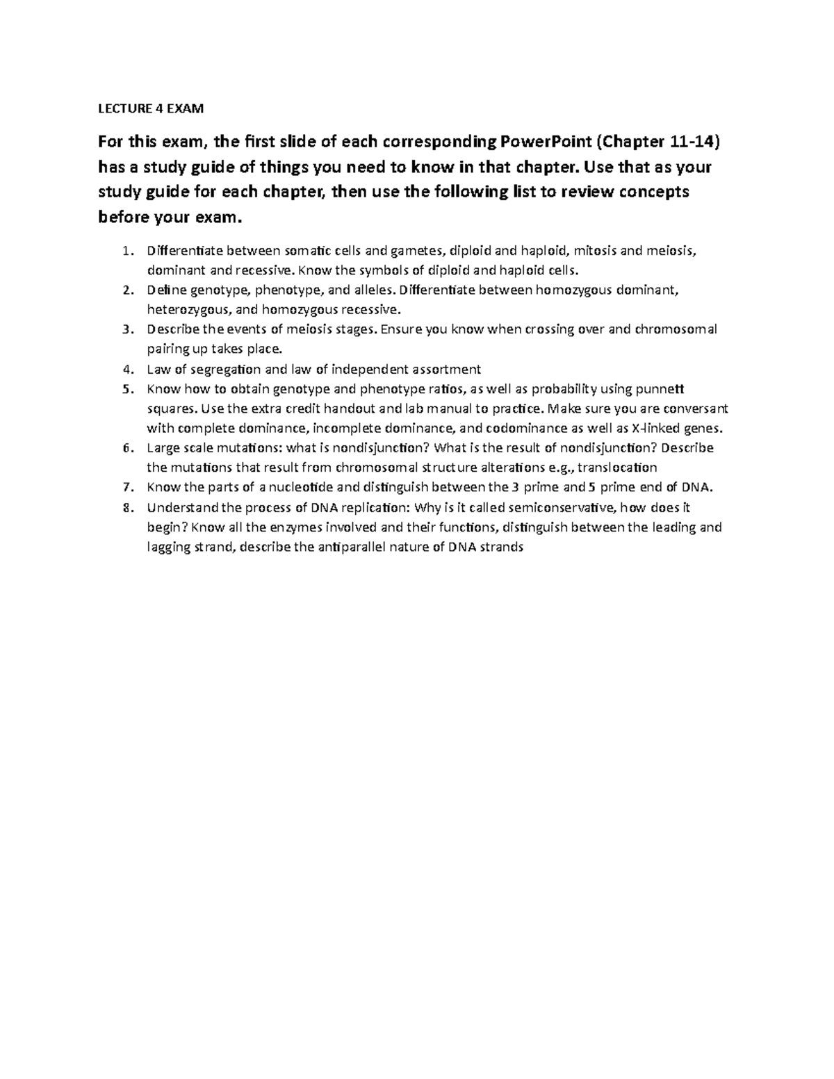 Lecture EXAM 4 Study Guide - LECTURE 4 EXAM For this exam, the first ...