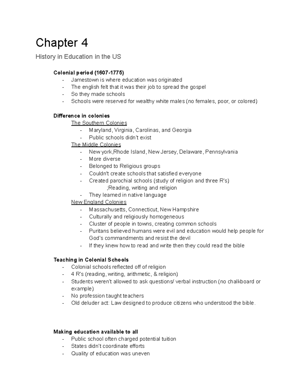 Edu 1100 Class Notes - Chapter 4 History in Education in the US ...