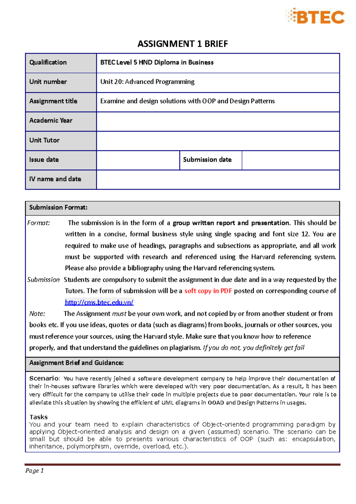 Unit 20 Assignment brief 1 - Page 1 ASSIGNMENT 1 BRIEF Qualification BTEC Level 5 HND Diploma in ...