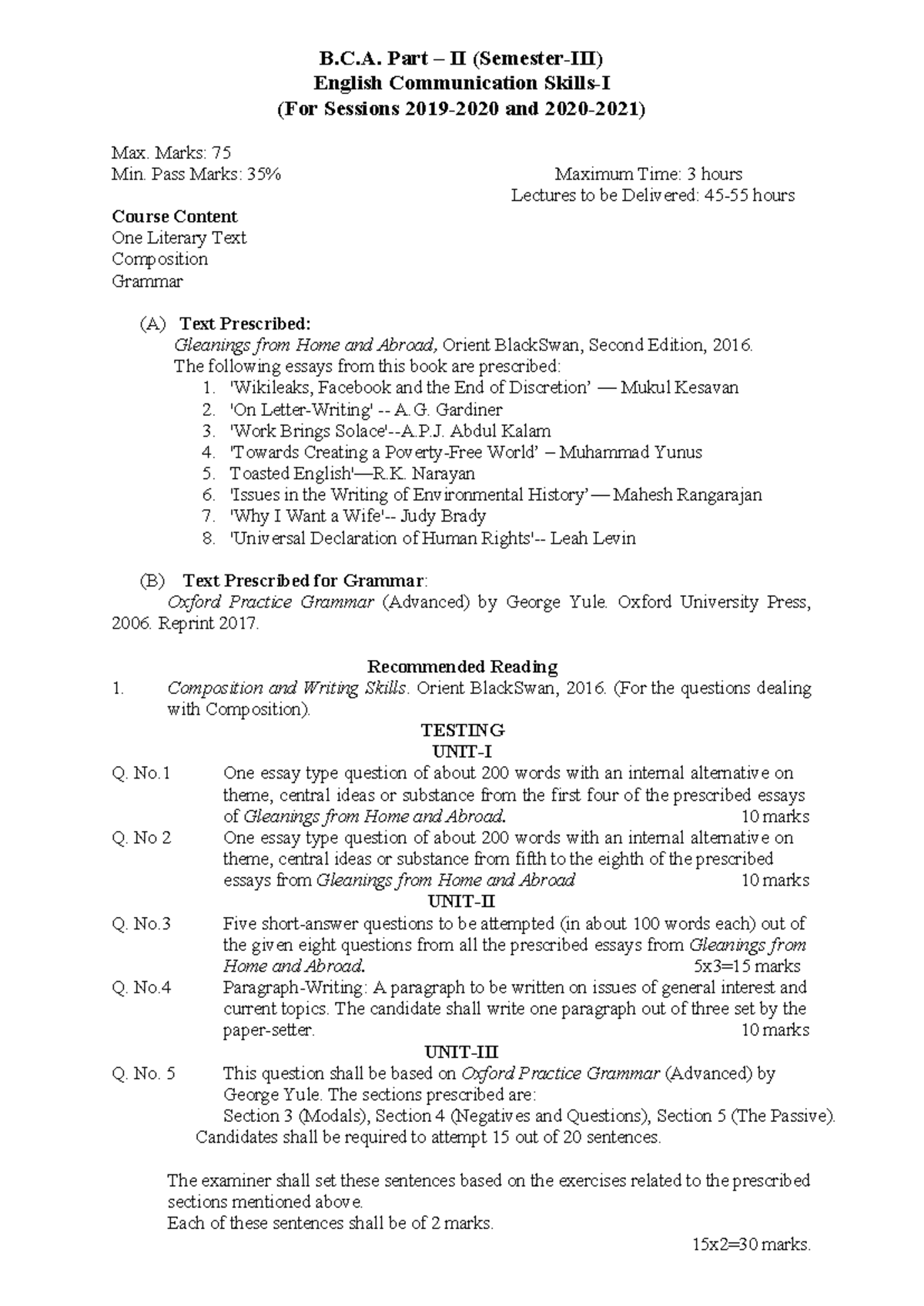 B.C.A. Part-II(Semester III & IV) Subject - English(Communication ...