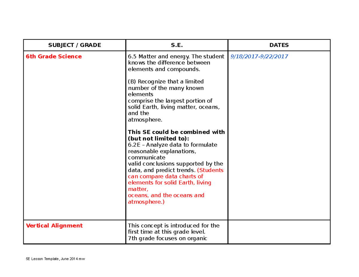 6.5B Matter & Energy Elements - SUBJECT / GRADE S. DATES 6th Grade ...