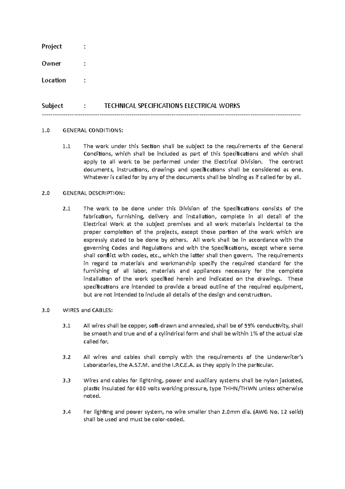 Specs FOR Electrical - Project : Owner : Location : Subject : TECHNICAL ...
