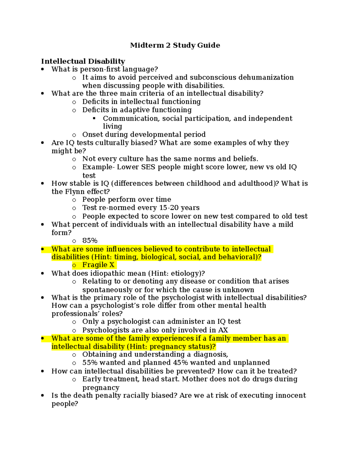 Midterm 2 Study Guide-2 - Midterm 2 Study Guide Intellectual Disability What is person-first ...