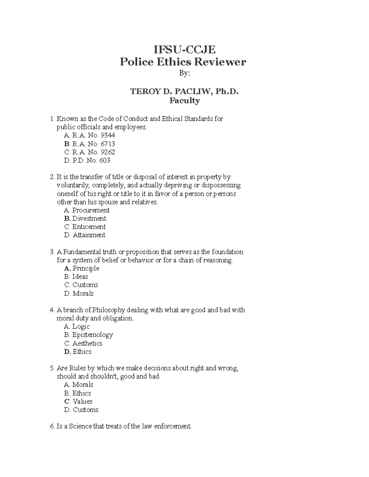 Police Ethics Reviewer by Teroy D. Pacliw,Ph.D - IFSU-CCJE Police ...
