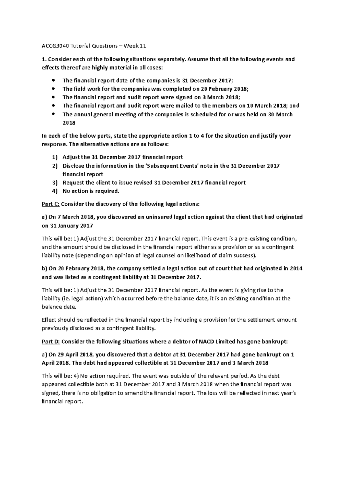 Tutorial Qs - Week 11 - ACCG3040 Tutorial Questions – Week 11 Consider ...