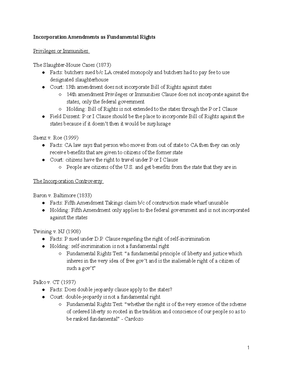 Con law II cases - Incorporation Amendments as Fundamental Rights ...
